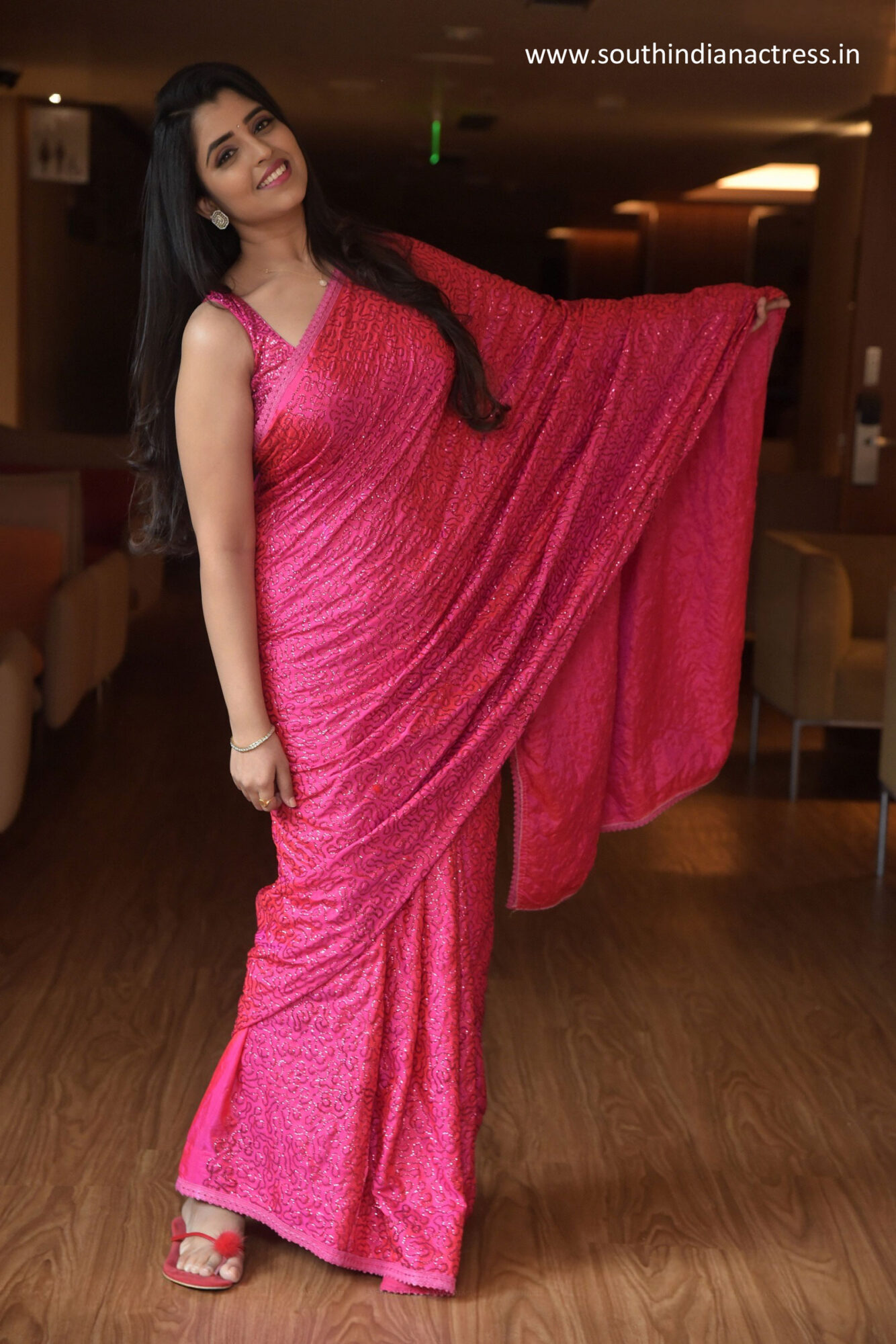 Anchor Syamala saree stills at Question Mark Movie Song Launch