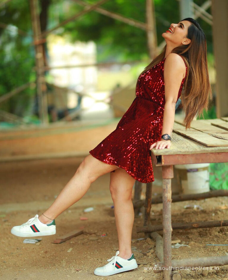Ashu Reddy hot stills in red sequin short dress - South Indian Actress