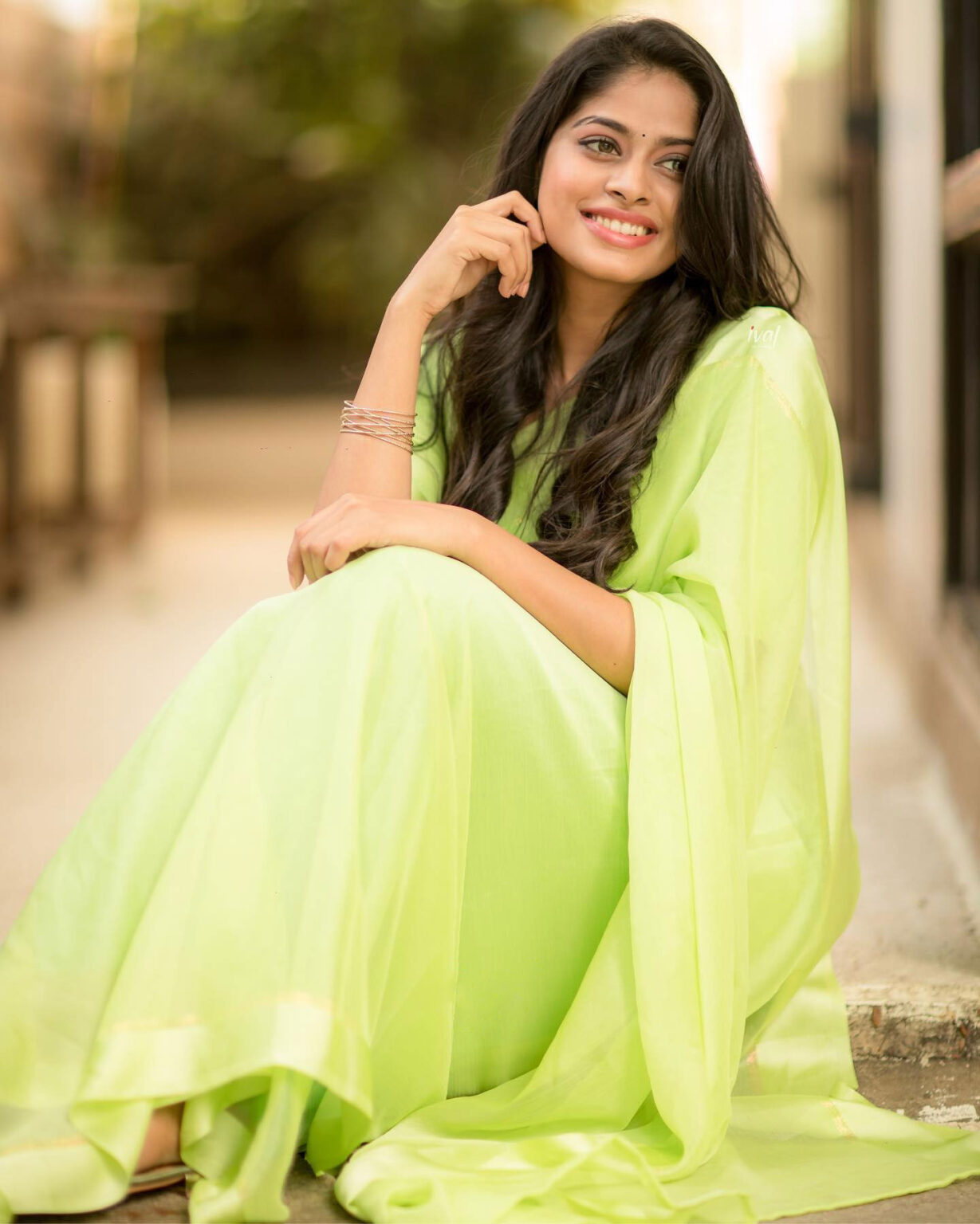 Dharshana Asokan in lime green chiffon saree stills - South Indian Actress